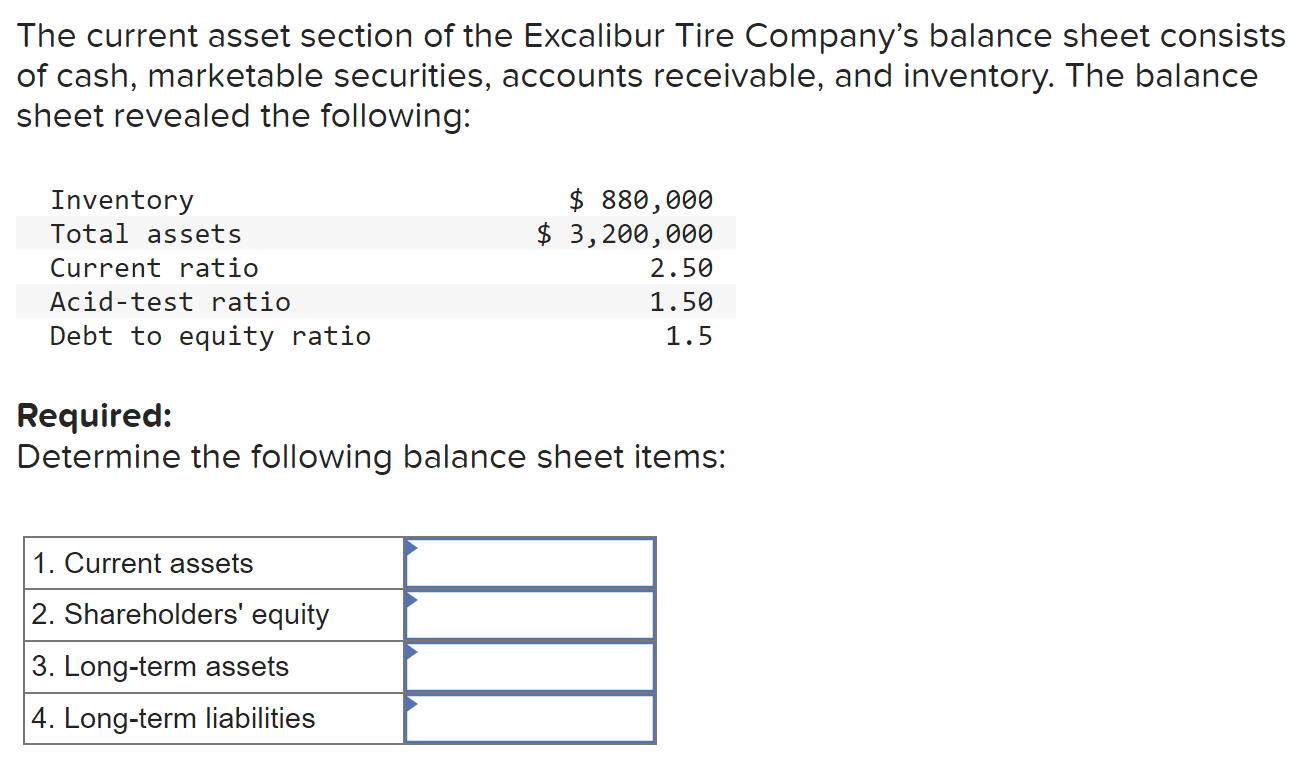 Solved The current asset section of the Excalibur Tire | Chegg.com