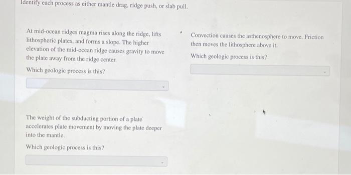 [Solved]: Identify each process as either mantle drag, ridg