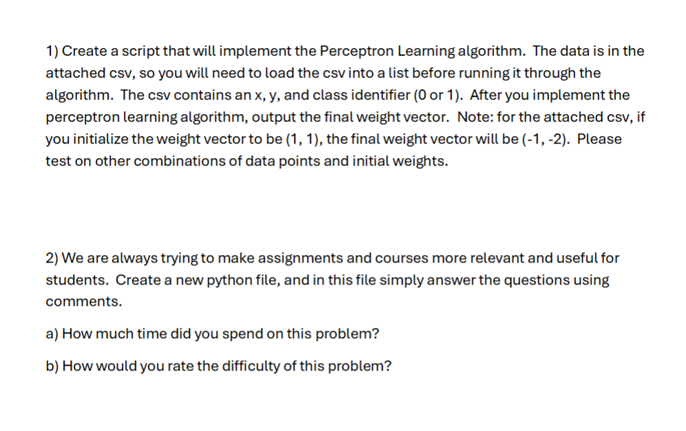 Solved Create a script that will implement the Perceptron | Chegg.com