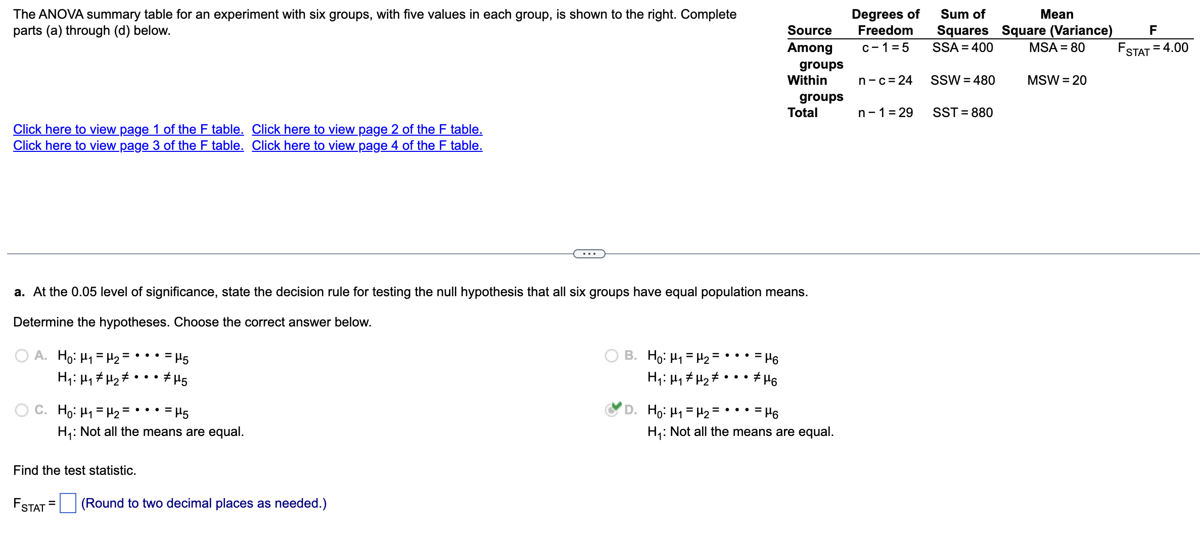 Solved The ANOVA summary table for an ﻿experiment with six | Chegg.com