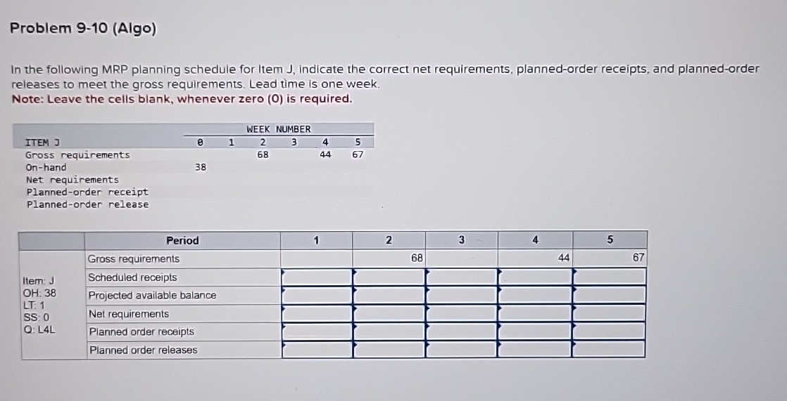 Solved Problem 9-10 (Algo)In the following MRP planning | Chegg.com