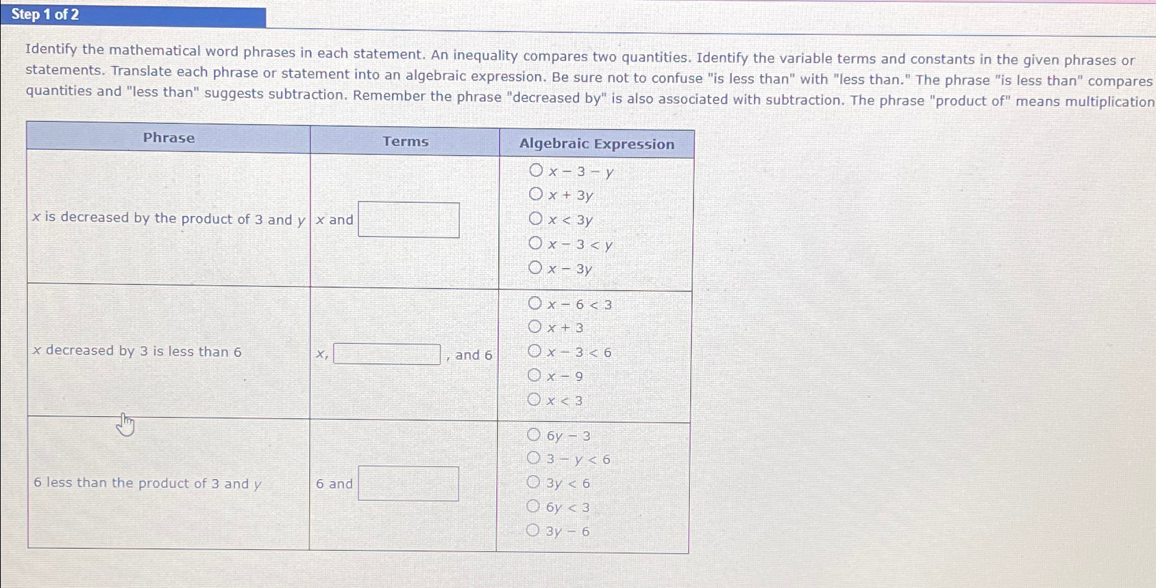 Solved Step 1 ﻿of 2Identify the mathematical word phrases in | Chegg.com