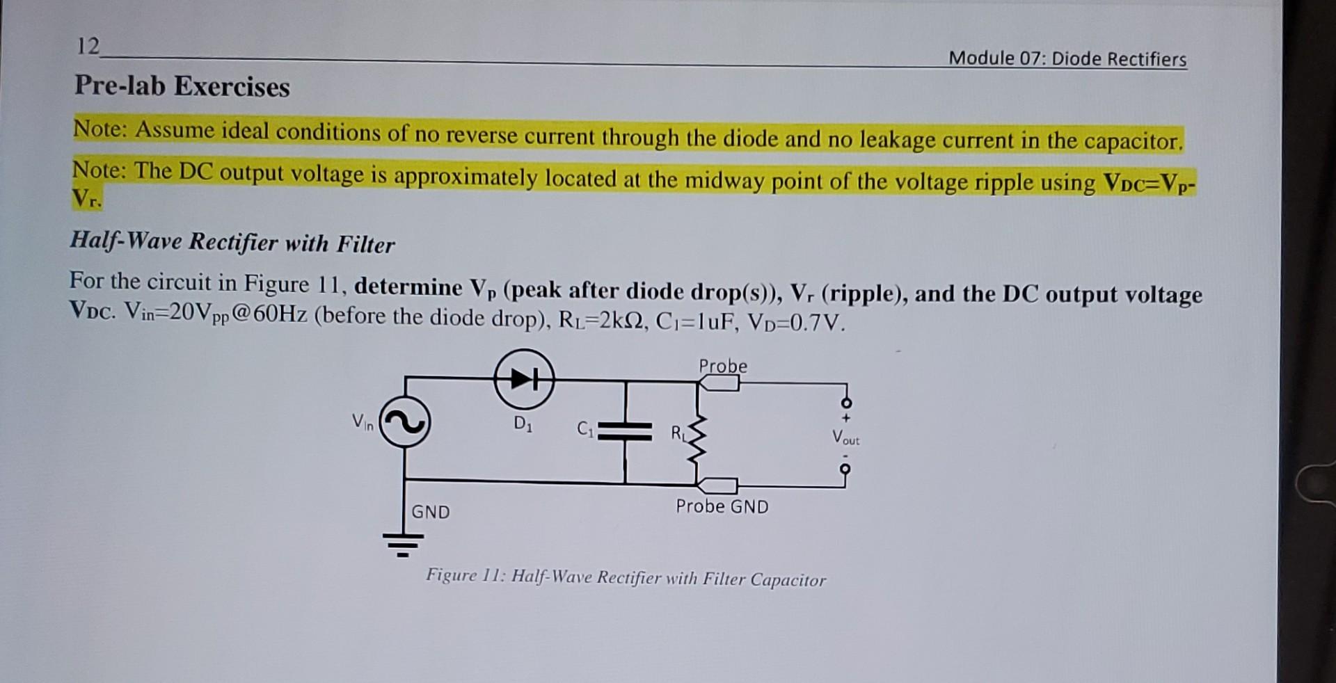 Solved Pre-lab Exercises Note: Assume ideal conditions of no | Chegg.com
