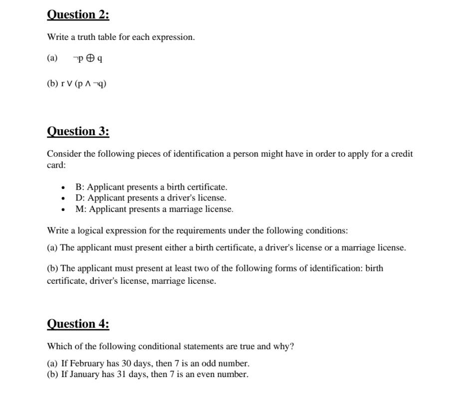 Solved Write a truth table for each expression. (a) ¬p⨁q (b) | Chegg.com