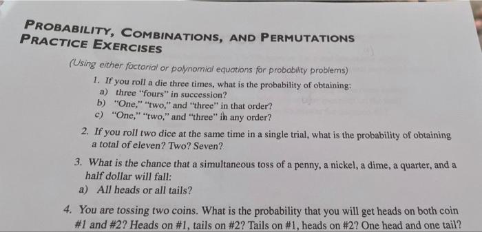 Solved PROBABILITY, COMBINATIONS, AND PERMUTATIONS PRACTICE | Chegg.com