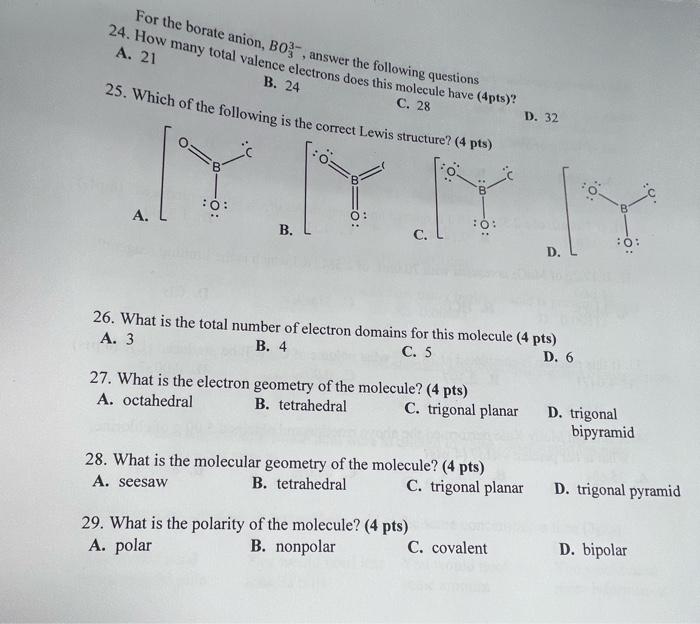 Solved For the borate anion, BO33−, answer the following | Chegg.com