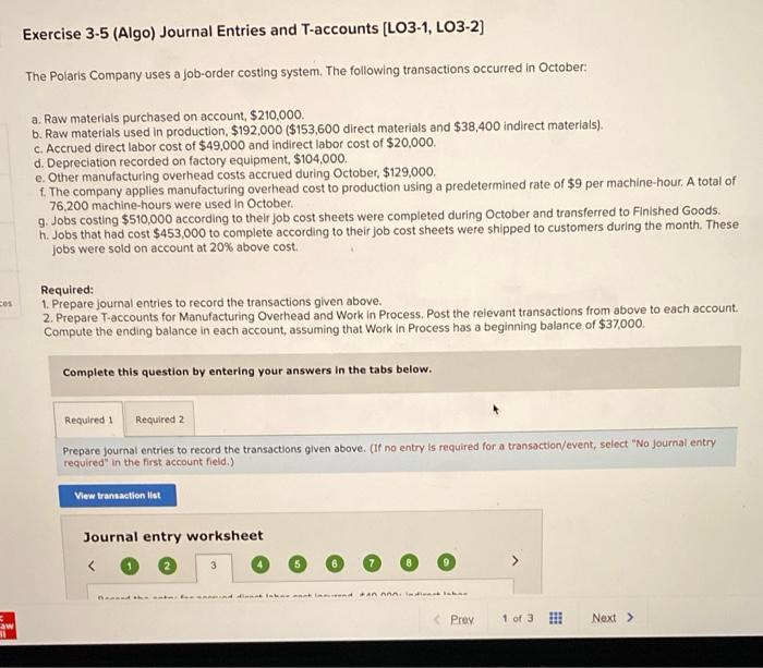 Solved Exercise 3-5 (Algo) Journal Entries and T-accounts | Chegg.com