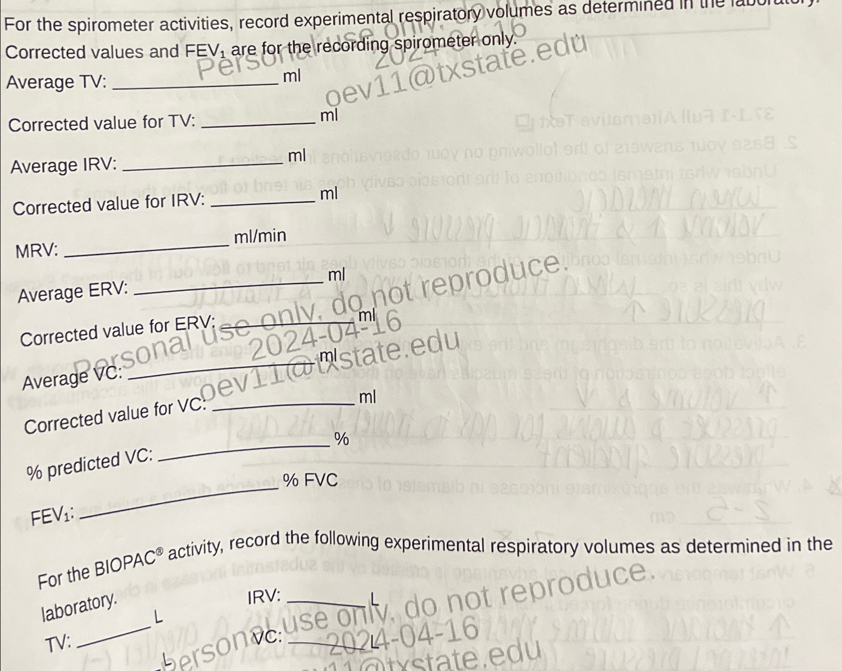 Solved For the spirometer activities, record experimental | Chegg.com