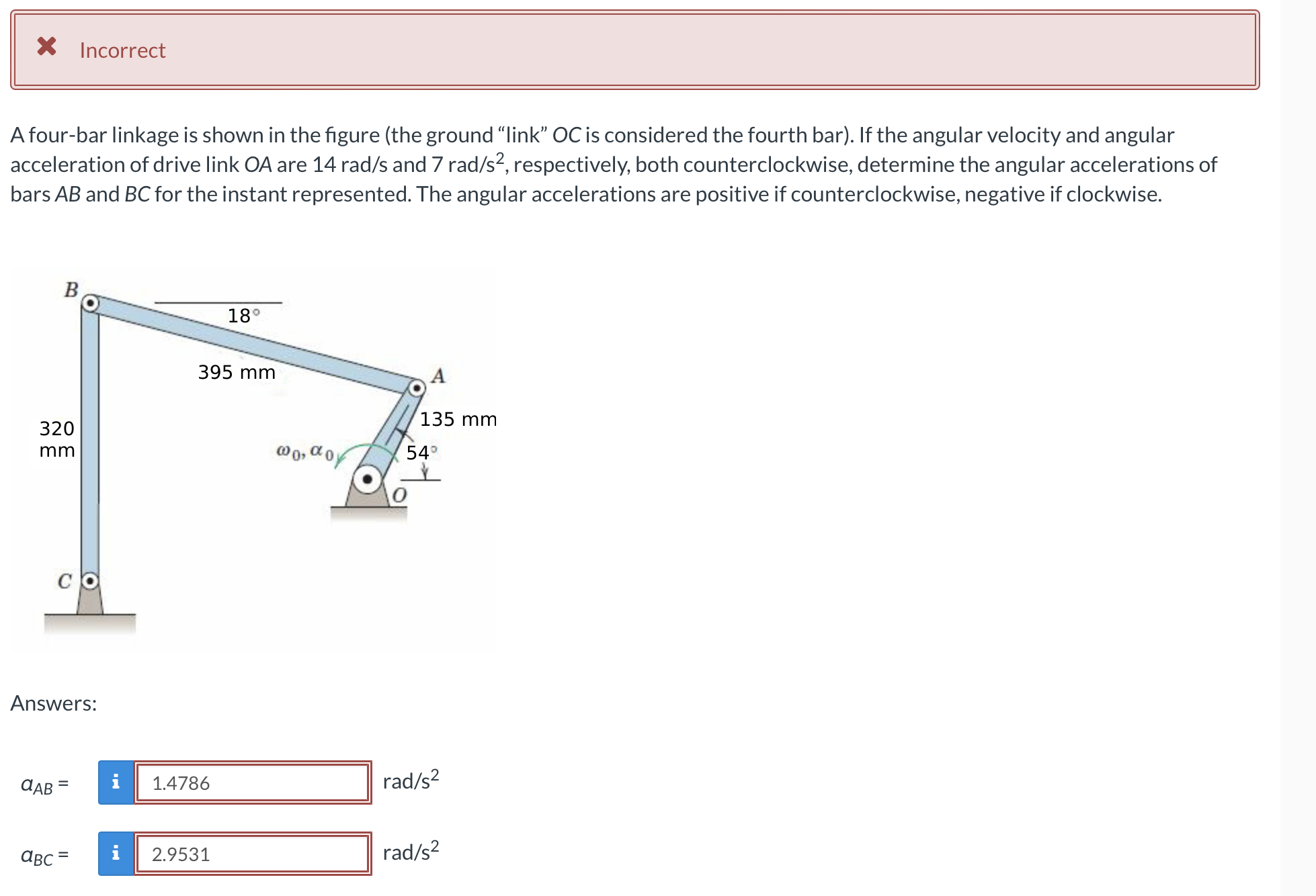 Solved IncorrectA four-bar linkage is ﻿shown in ﻿the figure | Chegg.com