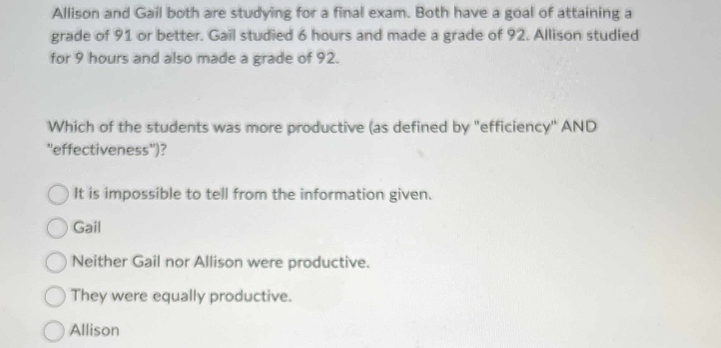 Solved Allison and Gail both are studying for a final exam. | Chegg.com