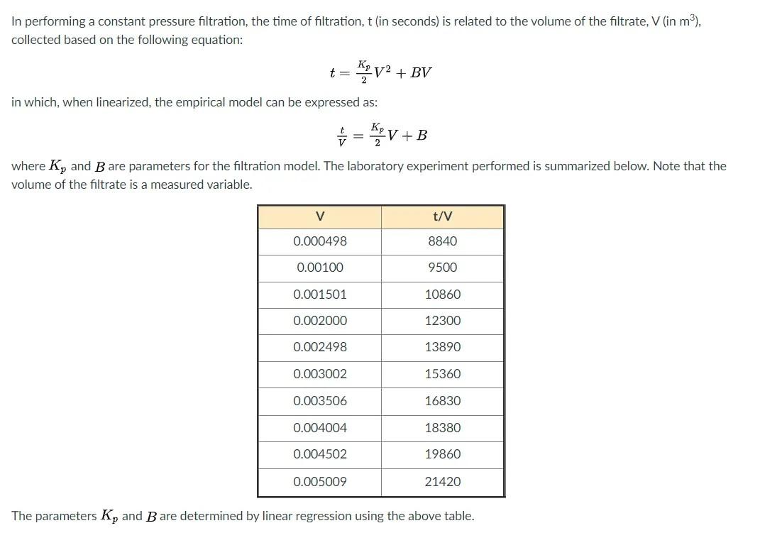 Solved t = In performing a constant pressure filtration, the | Chegg.com