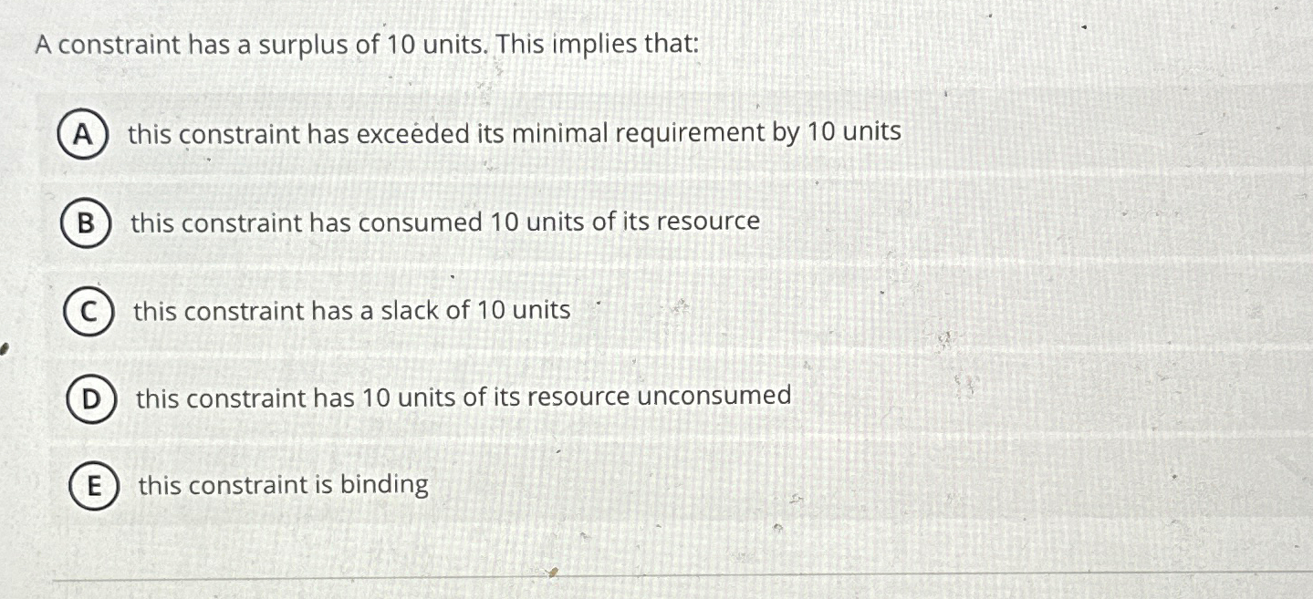 Solved A constraint has a surplus of 10 ﻿units. This implies | Chegg.com