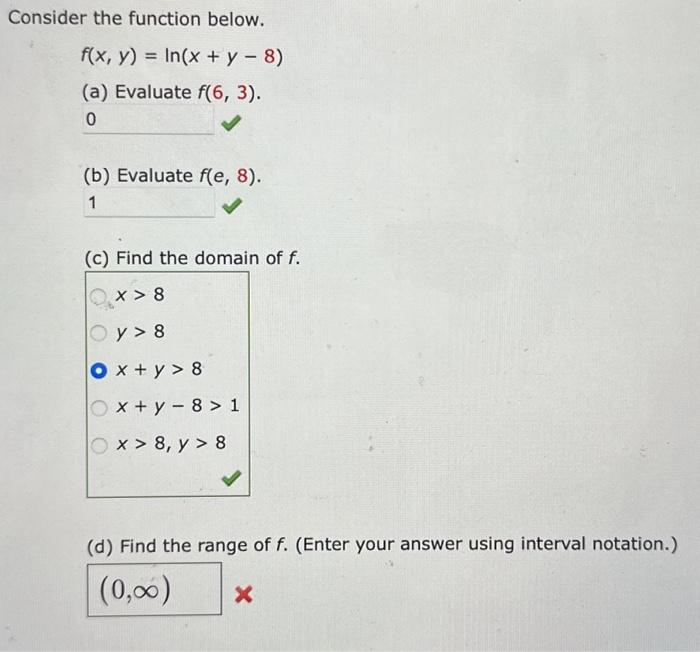 Solved Consider the function below. f(x,y)=ln(x+y−8) (a) | Chegg.com
