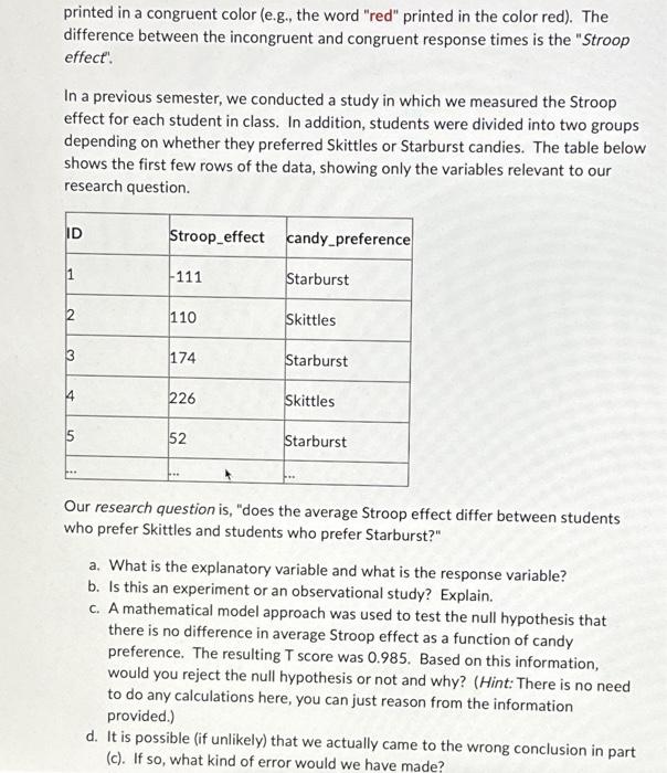 Solved printed in a congruent color (e.g., the word "red" | Chegg.com