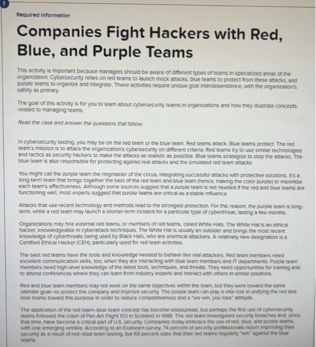 Solved Companies Fight Hackers with Red, Blue, and Purple | Chegg.com