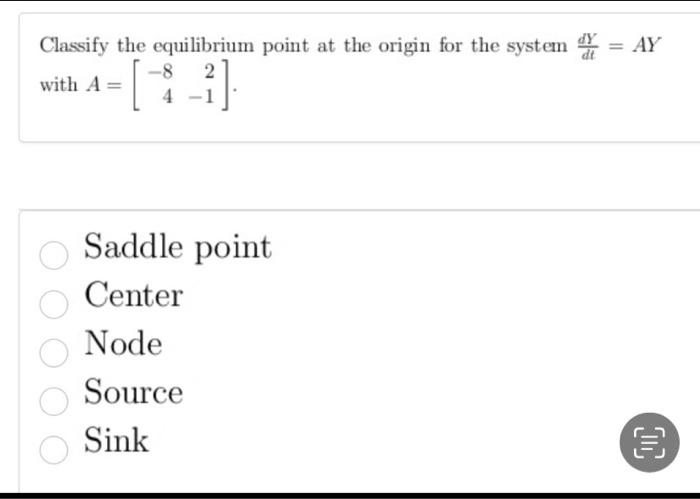 Solved Classify the equilibrium point (0,0) for the system | Chegg.com