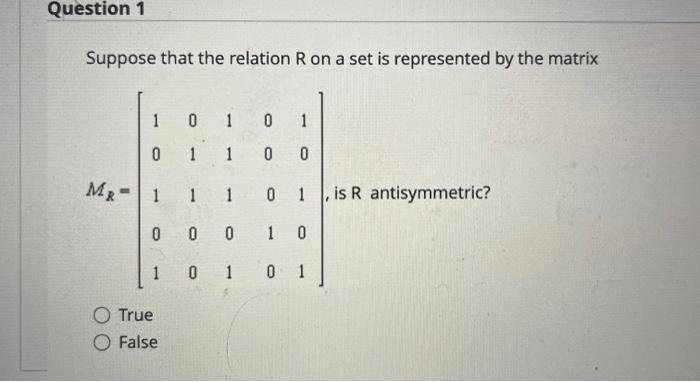 Solved Suppose that the relation R on a set is represented | Chegg.com