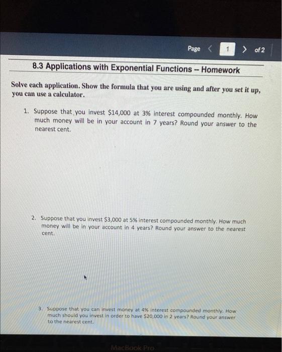 Solved Page > of 2 8.3 Applications with Exponential | Chegg.com