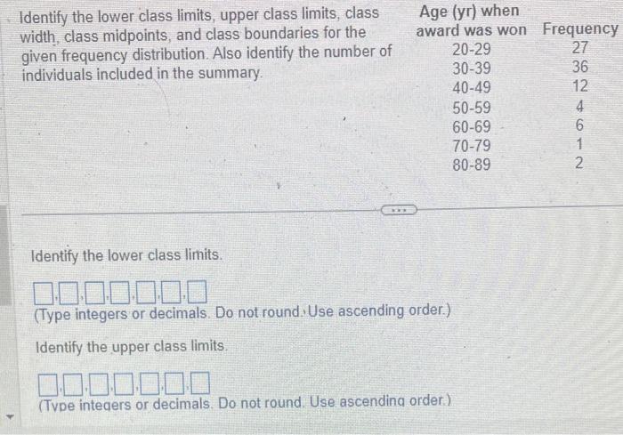 Solved Identify the lower class limits, upper class limits, | Chegg.com