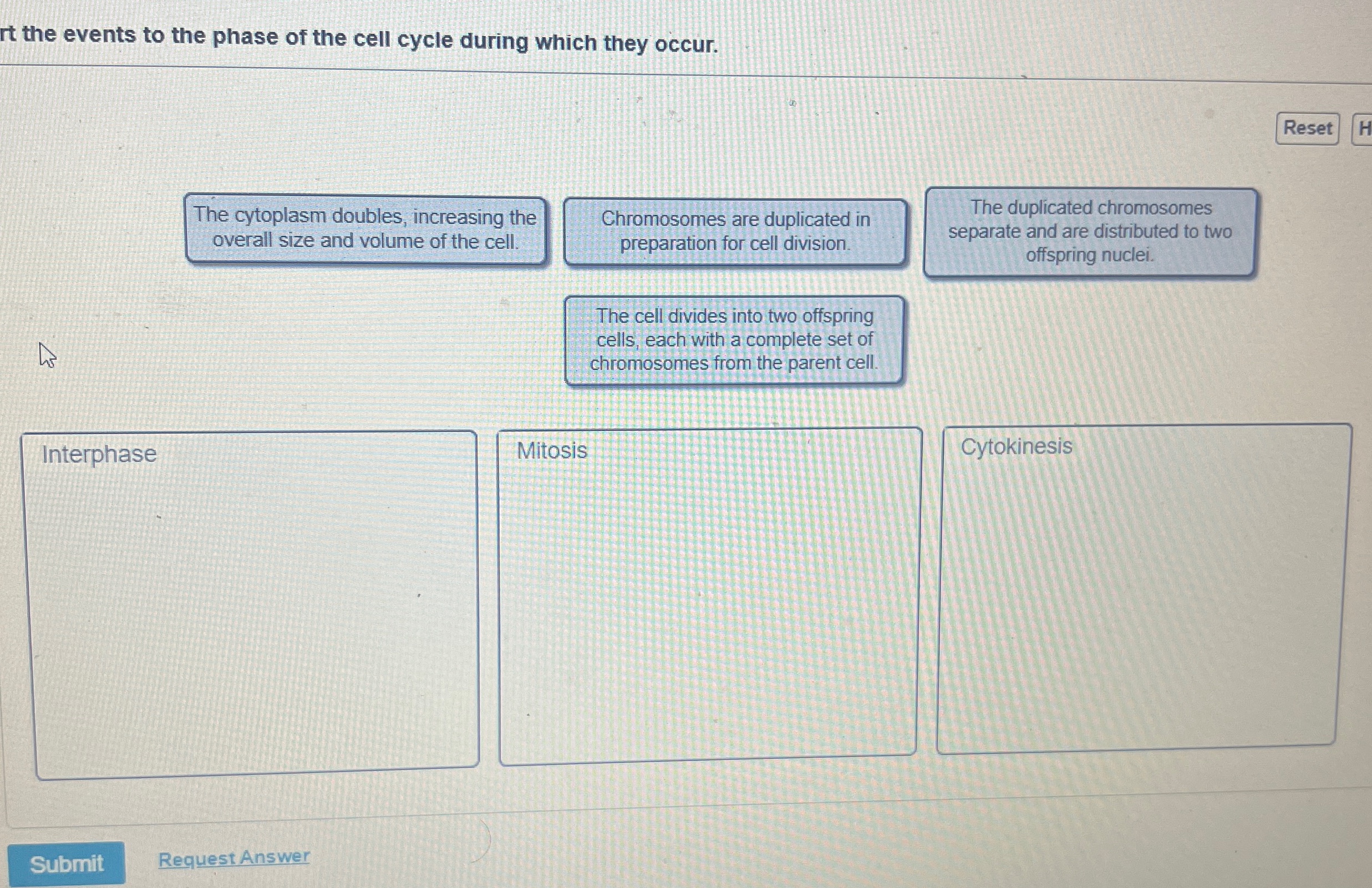 Solved rt the events to the phase of the cell cycle during | Chegg.com