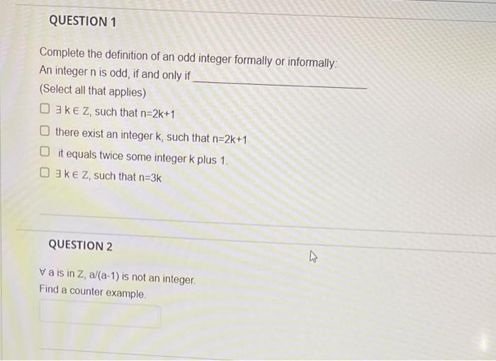 Solved QUESTION 1 Complete the definition of an odd integer | Chegg.com