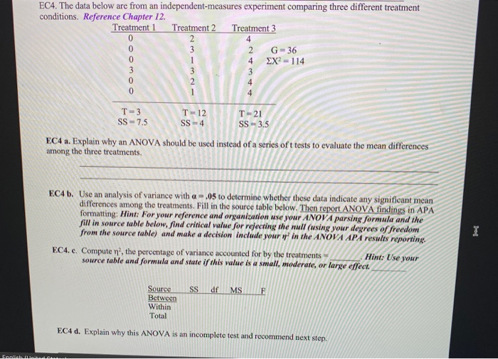 Solved EC4. The data below are from an independent-measures | Chegg.com