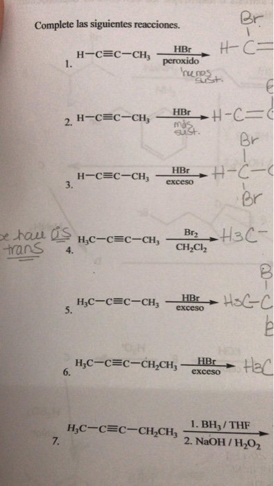 Solved Complete las siguientes reacciones. H-C- , H-C=C-CH, | Chegg.com