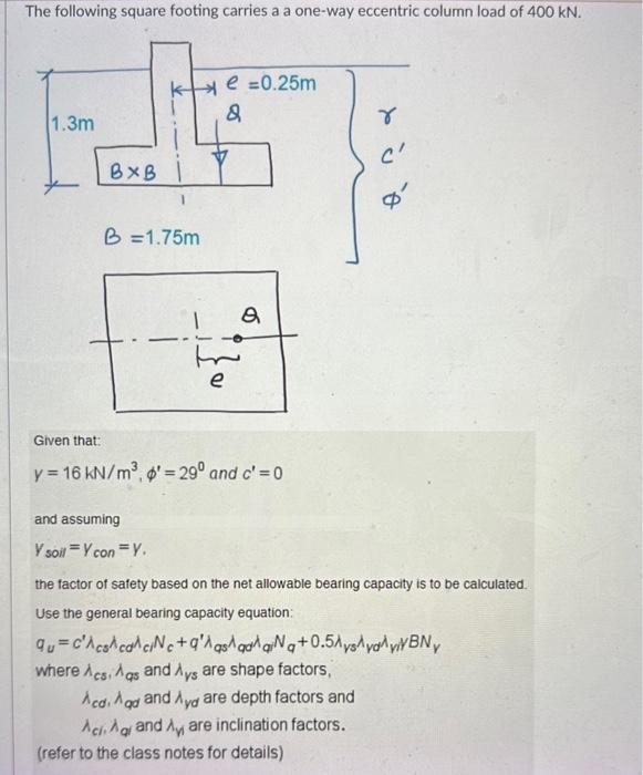 Solved The following square footing carries a a one-way | Chegg.com
