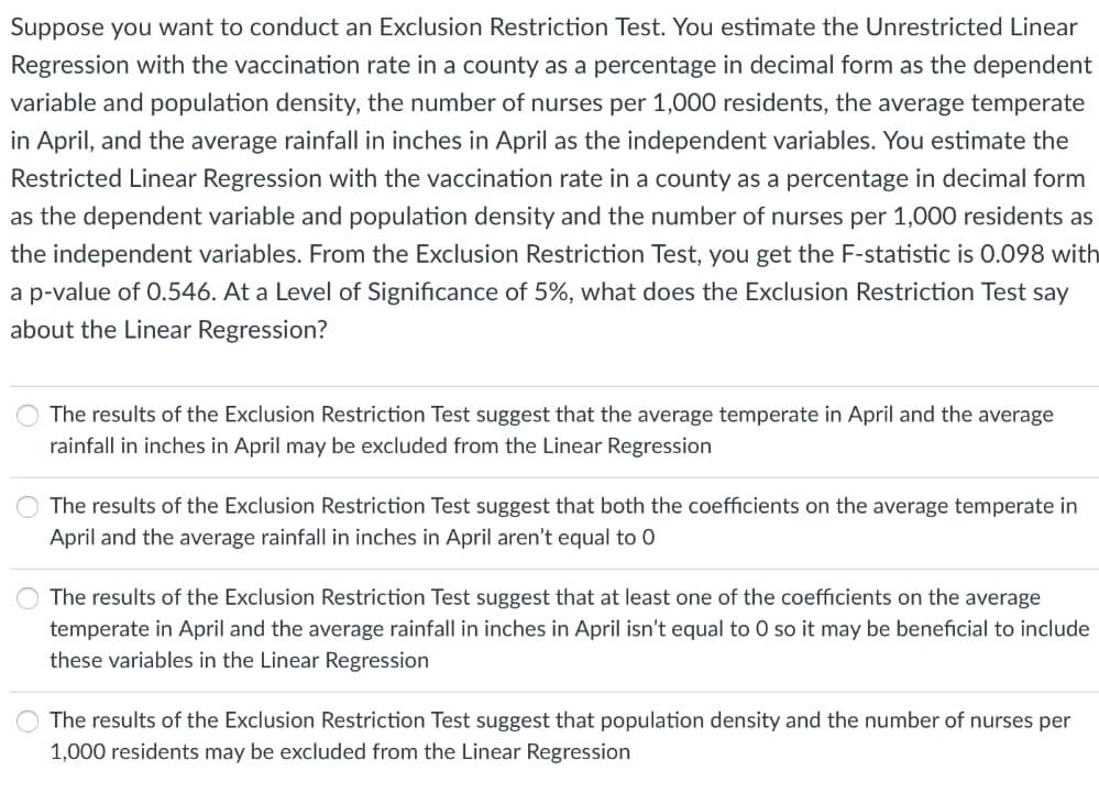 Solved Suppose you want to conduct an Exclusion Restriction | Chegg.com