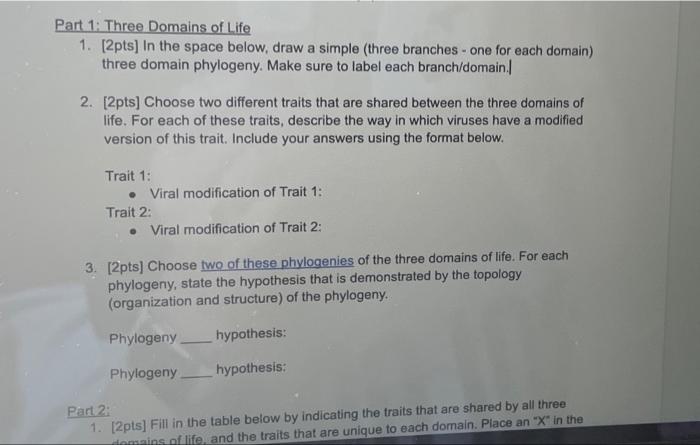 Solved Part 1: Three Domains of Life 1. [2pts) In the space | Chegg.com