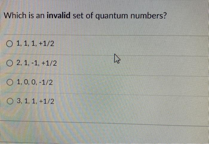 Solved Which is a valid set of quantum numbers? 3, 1, -2, | Chegg.com