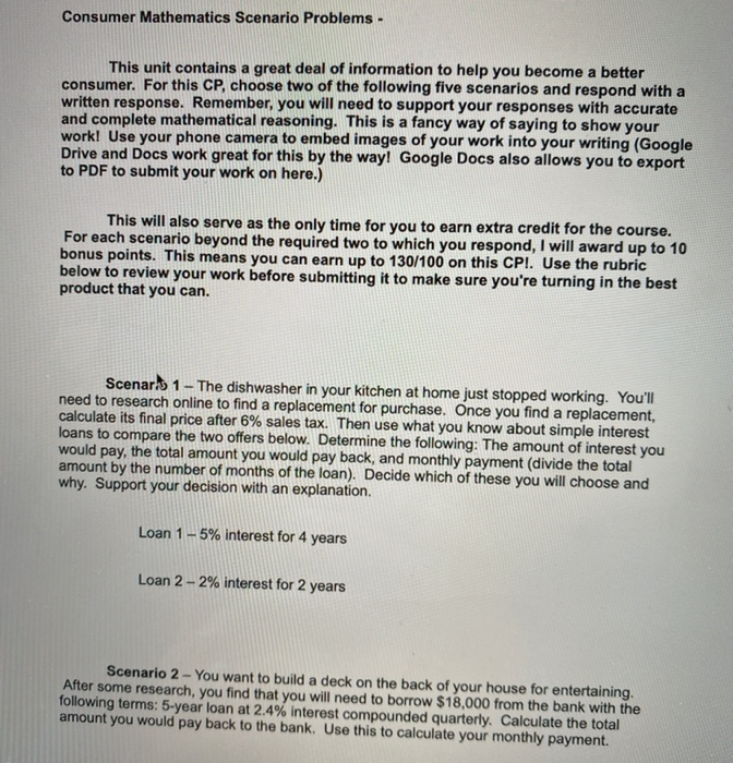 Consumer Mathematics Scenario Problems - This unit | Chegg.com