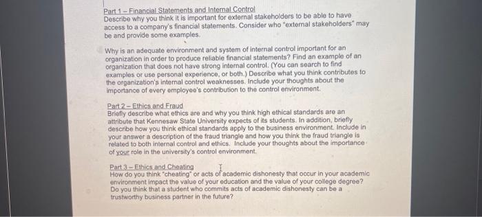 Solved Part 1 - Financial Statements and Internal Control | Chegg.com