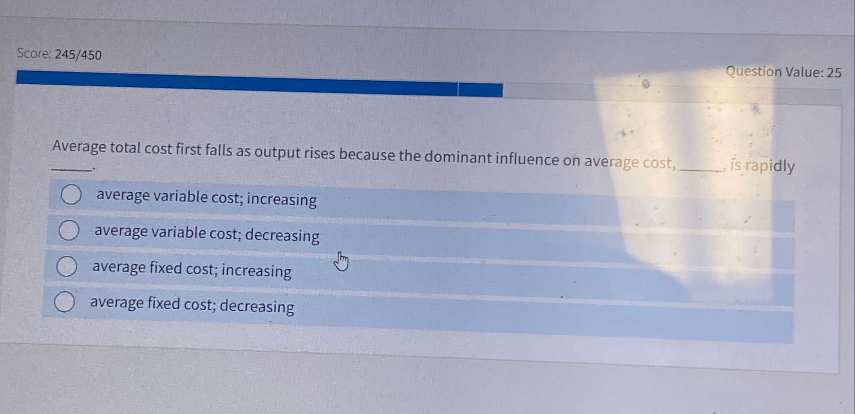 Solved Score: 245450Question Value: 25Average total cost | Chegg.com