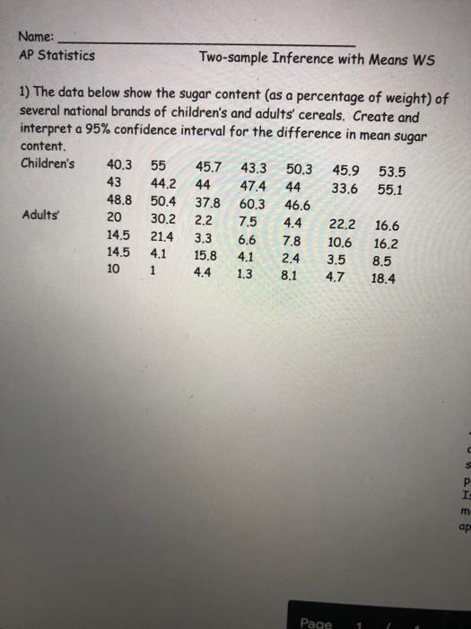 Solved Name: AP Statistics Two-sample Inference with Means | Chegg.com