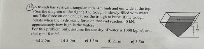 Solved 11. A trough has vertical triangular ends, 4 m high | Chegg.com