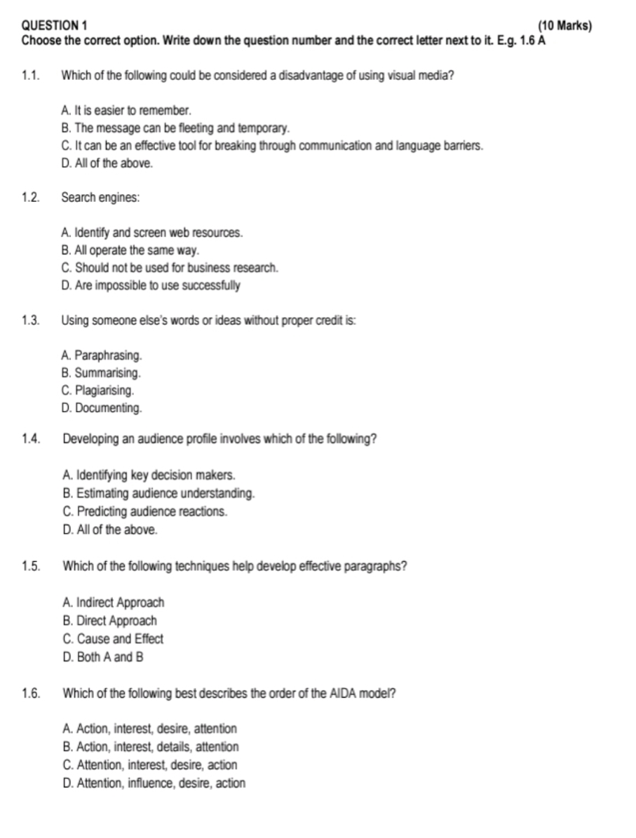 Solved QUESTION 1(10 ﻿Marks)Choose the correct option. Write | Chegg.com