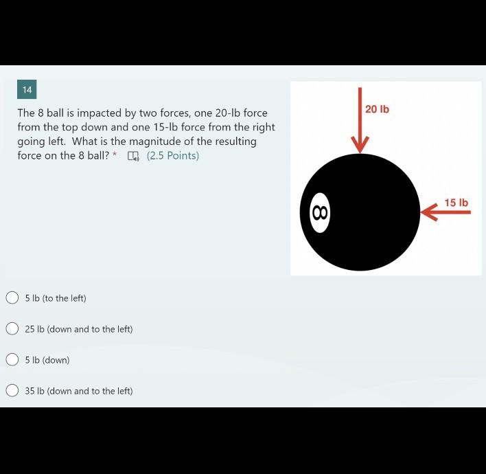 Solved The 8 ball is impacted by two forces, one 20−lb force | Chegg.com