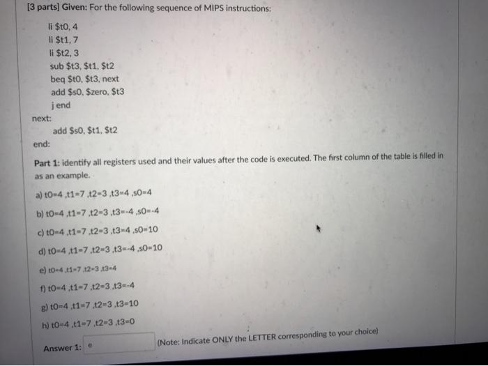 Solved [3 parts] Given: For the following sequence of MIPS | Chegg.com