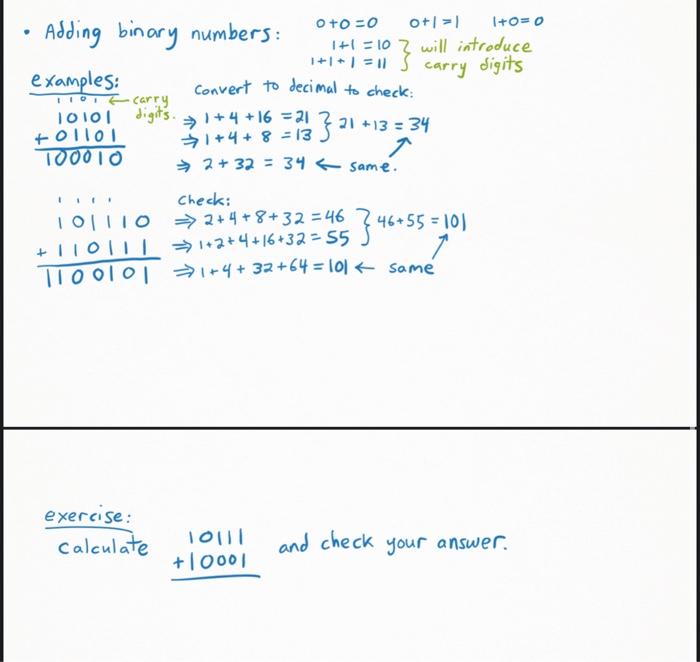 Solved Oto=0 Ot1 1+0=0 : Adding binary numbers: I+ = 10 7 | Chegg.com