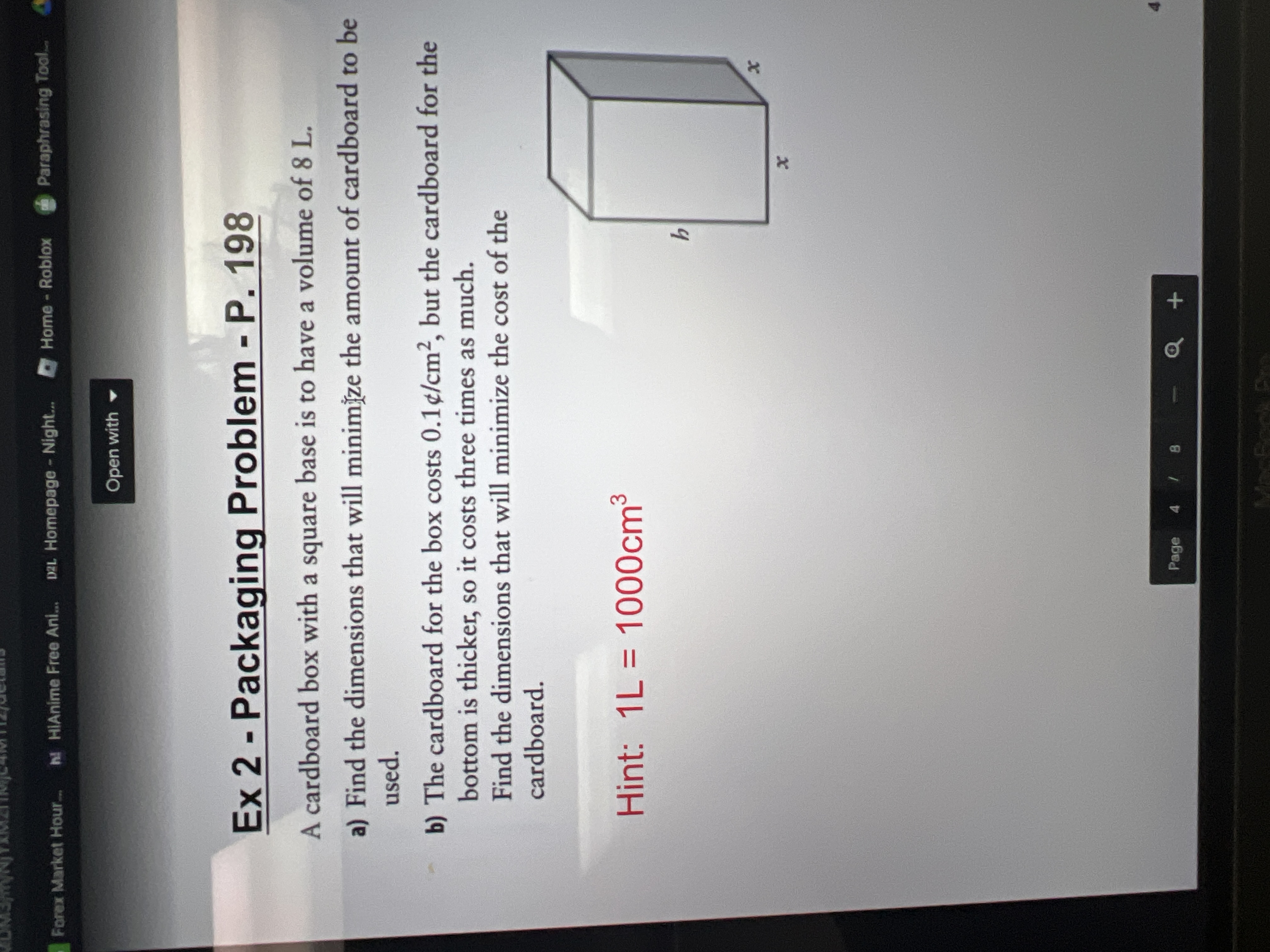 Solved Ex 2 - ﻿Packaging Problem - ﻿P. 198A cardboard box | Chegg.com