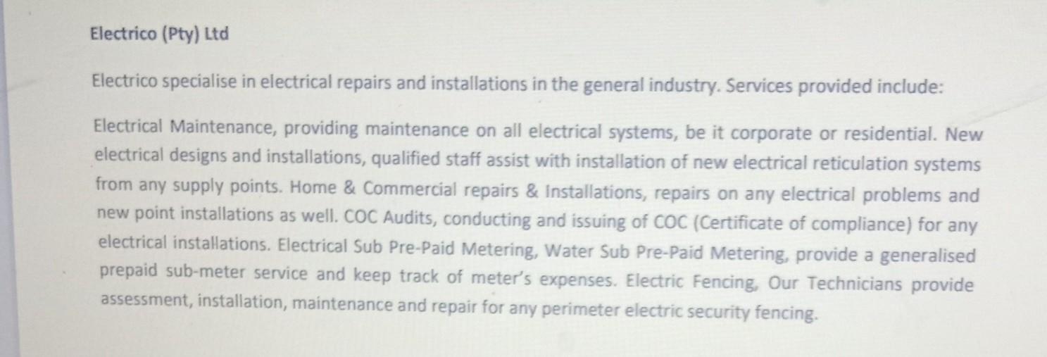 Solved Electrico (Pty) Ltd Electrico specialise in | Chegg.com