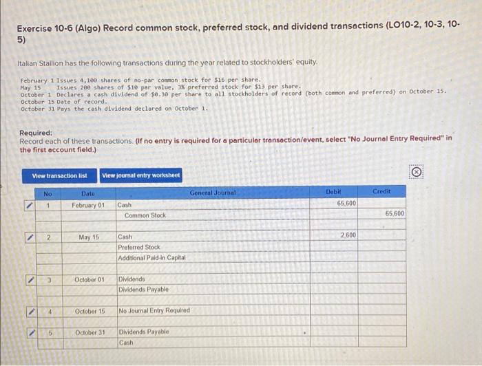 Solved Exercise 10-6 (Algo) Record common stock, preferred | Chegg.com