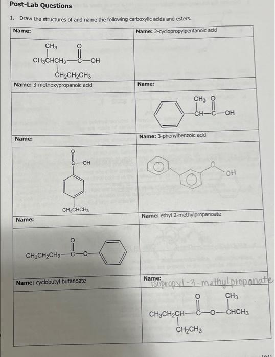 Solved Post-Lab Questions 1. Draw the structures of and name | Chegg.com