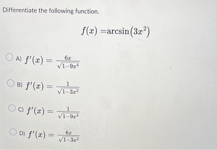 Solved Differentiate the following function. y=1+2x A) | Chegg.com