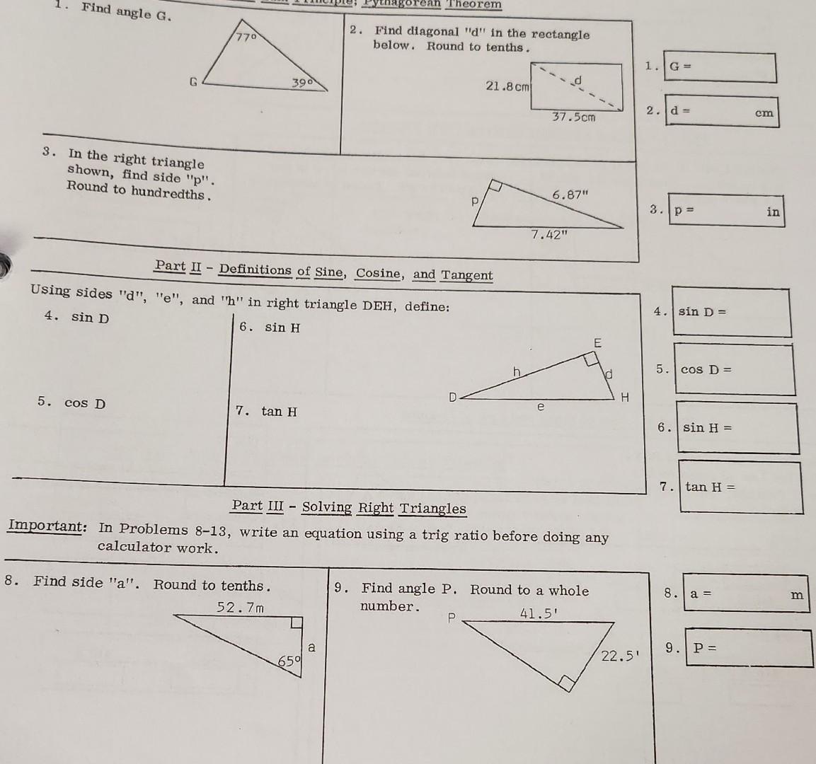 Solved Part II - Definitions of Sine, Cosine, and Tangent | Chegg.com