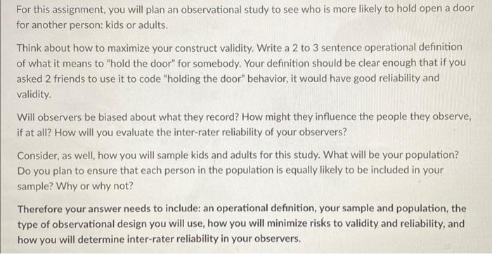 Solved For this assignment, you will plan an observational | Chegg.com