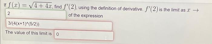 Solved If f(x)=4+4x, find f′(2), using the definition of | Chegg.com