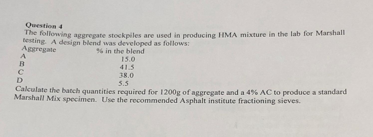 Solved Question 4The following aggregate stockpiles are used | Chegg.com