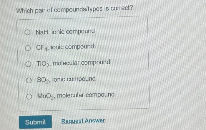 Solved Which pair of compounds/types is correct? NaH, ionic | Chegg.com